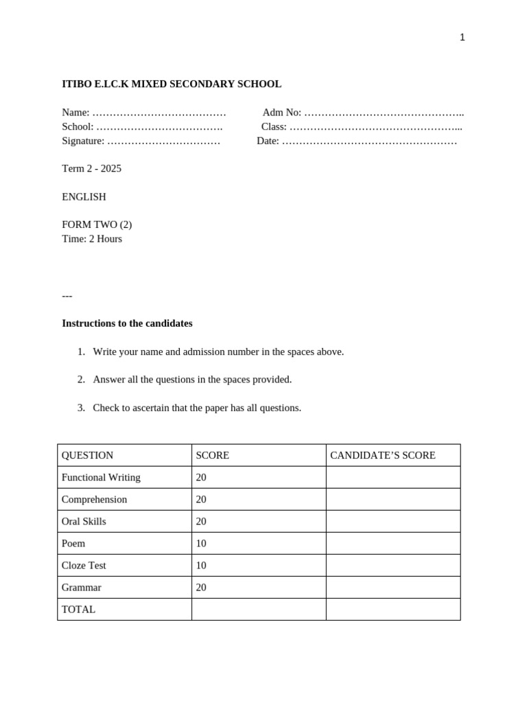 Form 2 End of Term (1) (1) XXXXX | PDF