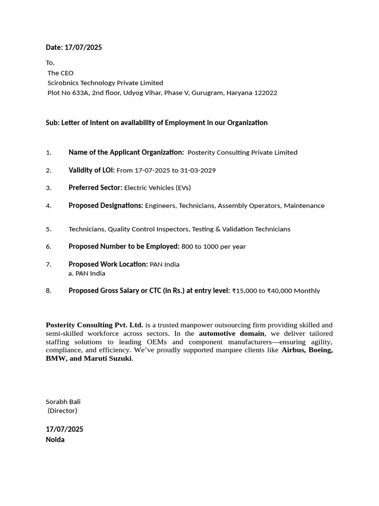 Employment LOI from Posterity Consulting | PDF