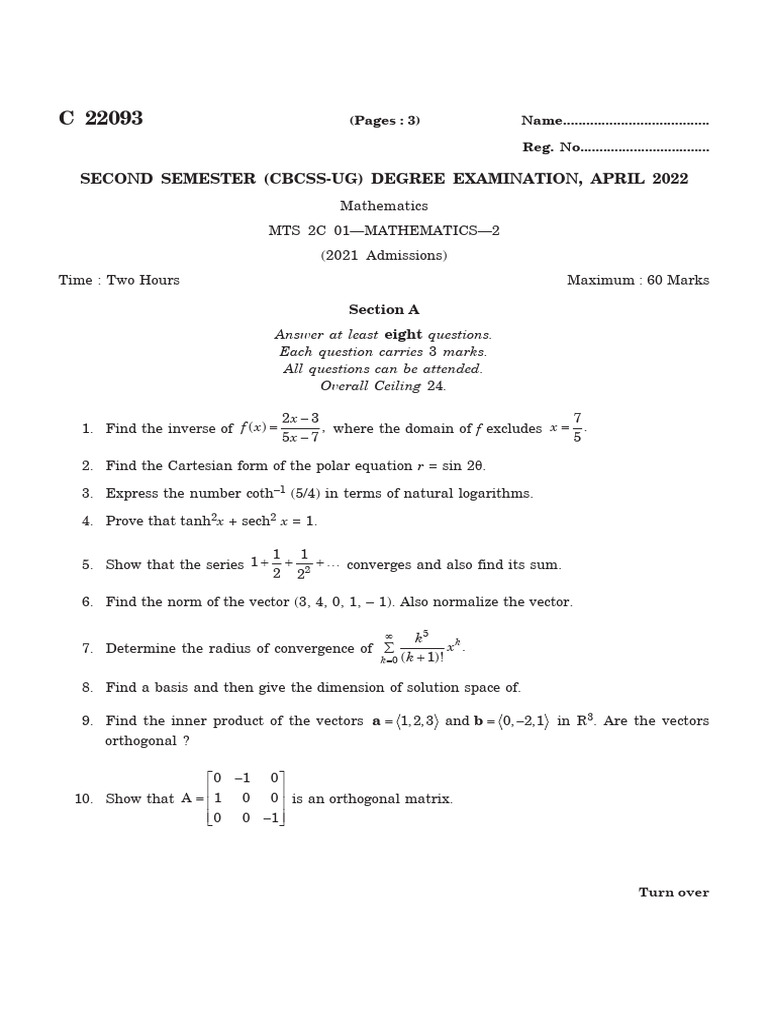 2022 MTS 2C 01 - 22093 - Mathematics-2 | PDF | Vector Space | Matrix ...