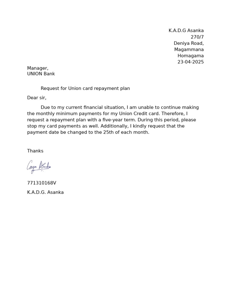 Union Card Repayment Plan Request | PDF