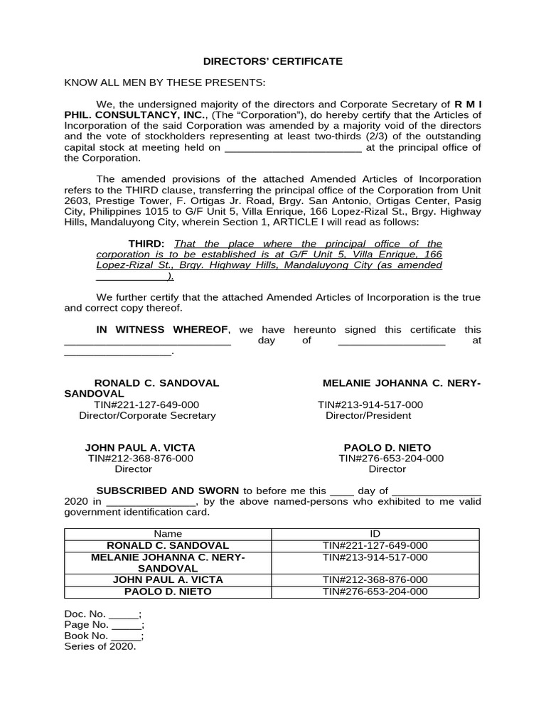 Directors' Certificate of Office Relocation | PDF | Legal Documents ...