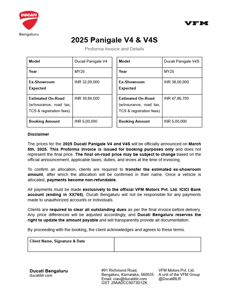 (VFM) Ducati Bengaluru - 2025 Panigale V4 - V4S - Proforma Invoice ...