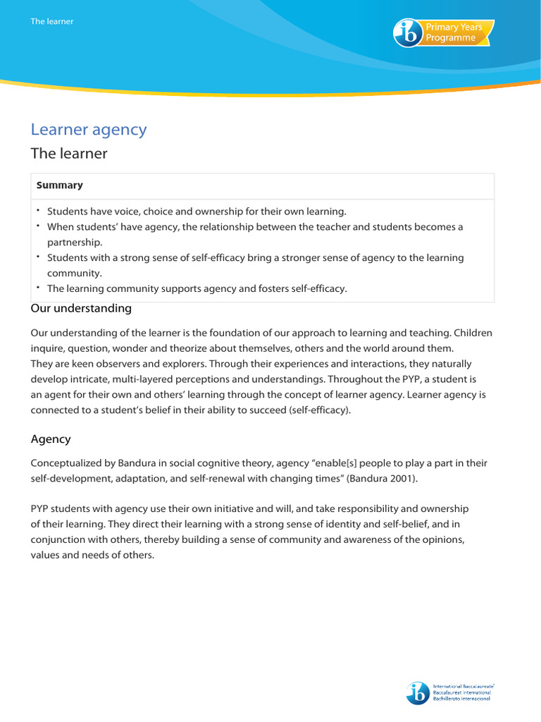 Enhanced IB PYP Learner Agency | PDF | Self Efficacy | Learning