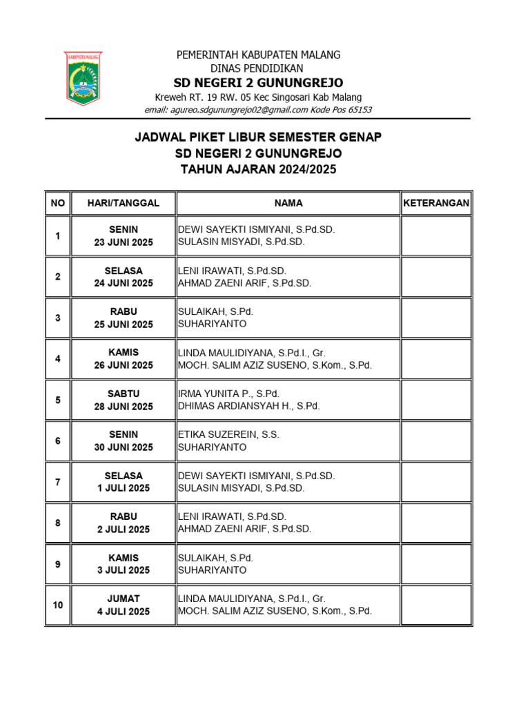 Jadwal Piket Libur Semester Genap Ta 2024 2025 | PDF