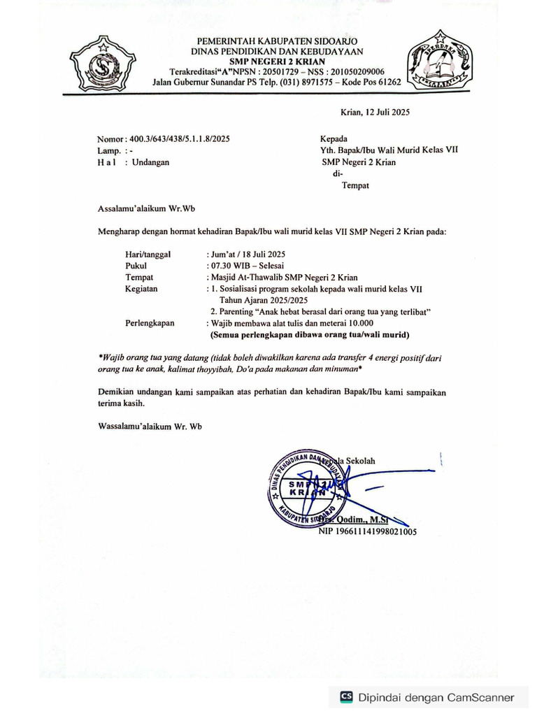 Undangan Parenting Kelas 7 | PDF