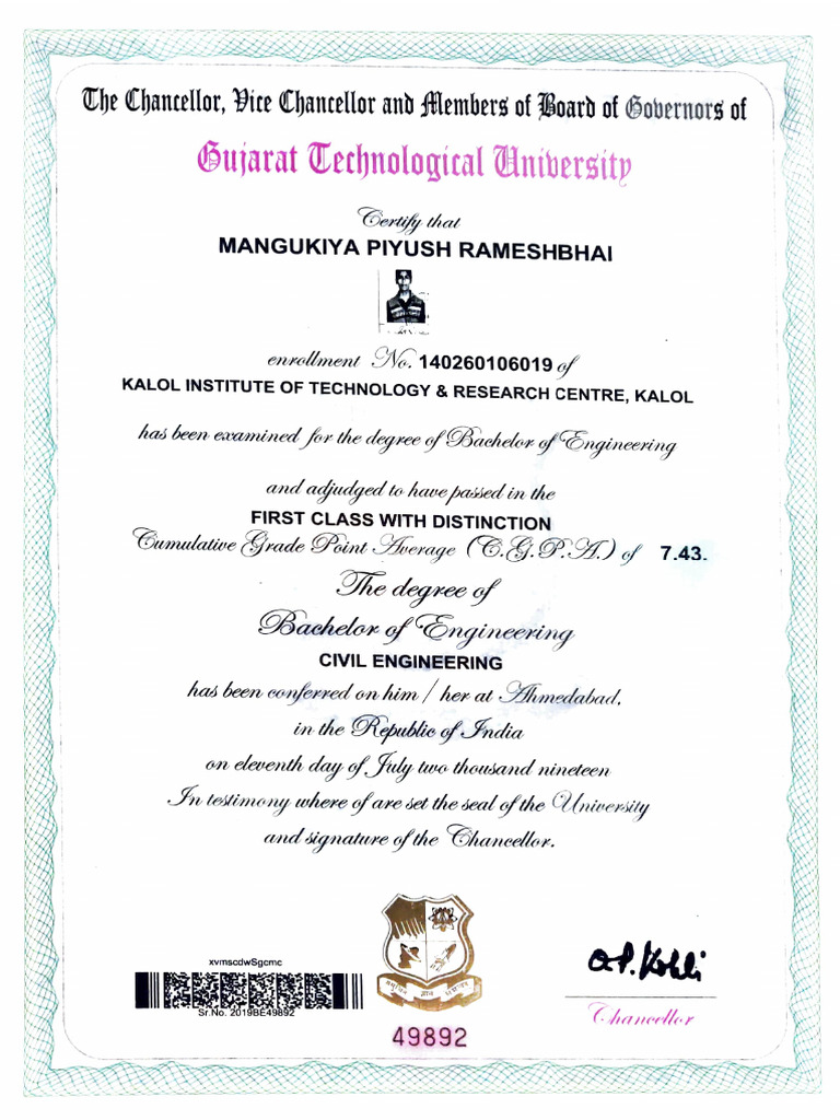 Piyush - Be Award Certificate | PDF