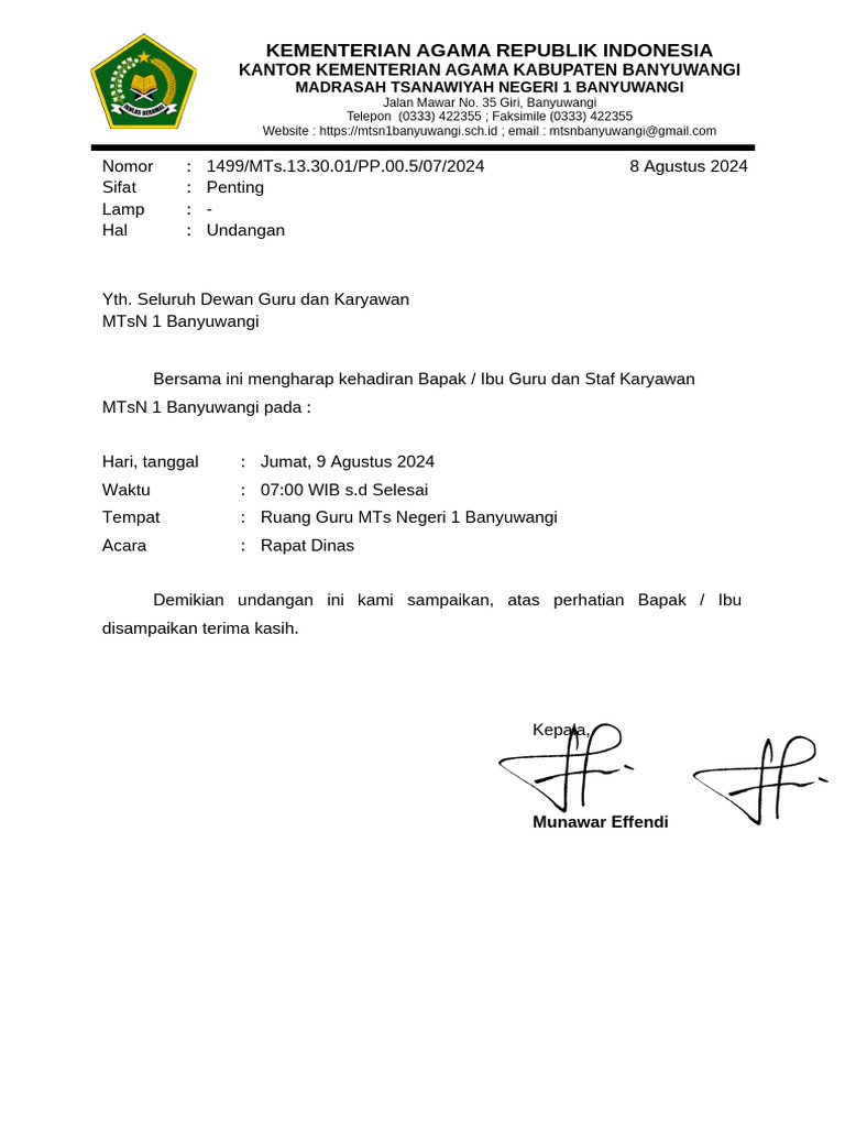 Format Surat Undangan Rapat Dinas | PDF