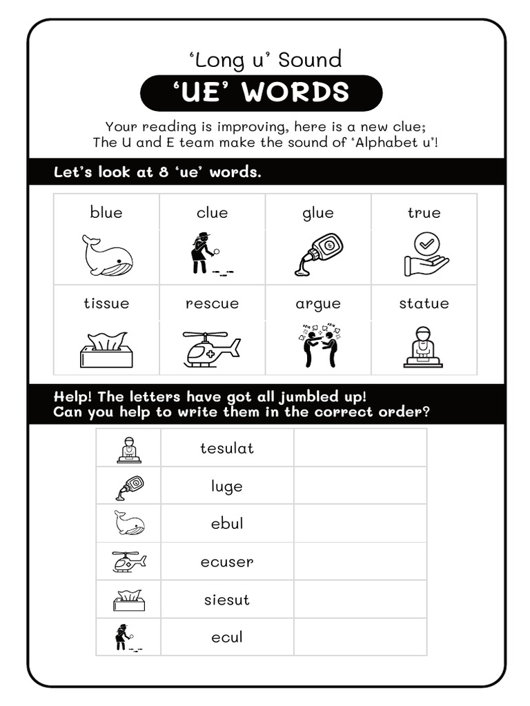 English Long U Sound 'Ue Words' Worksheet in Black and White Lined ...
