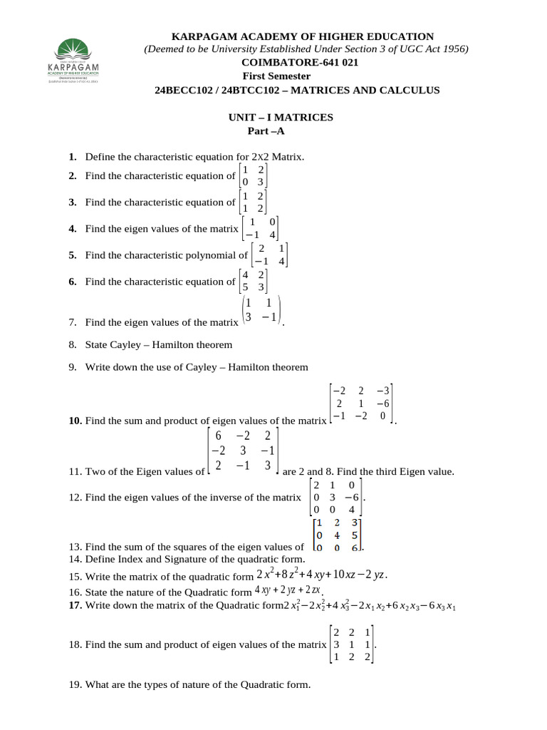 Question Bank Mathematics-1 | PDF | Eigenvalues And Eigenvectors | Matrix (Mathematics)