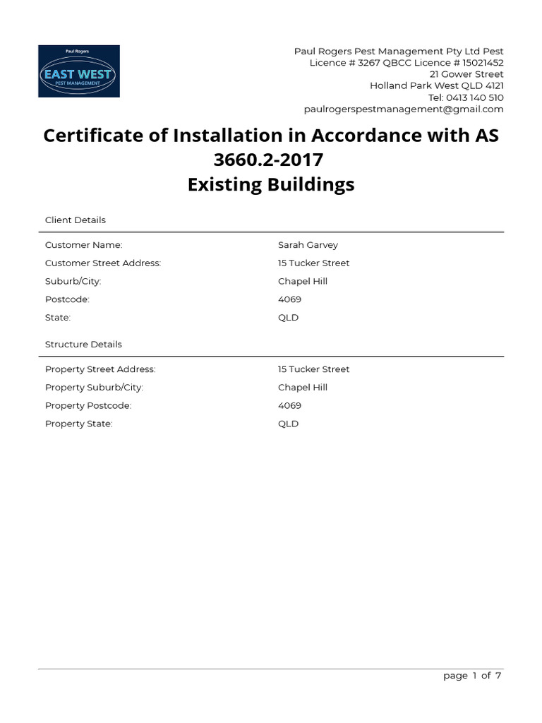 Termite Treatment Installation Certificate | PDF | Pest (Organism ...
