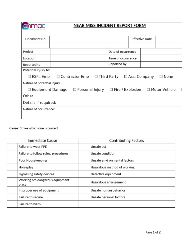 Near Miss Incident Report Template | PDF