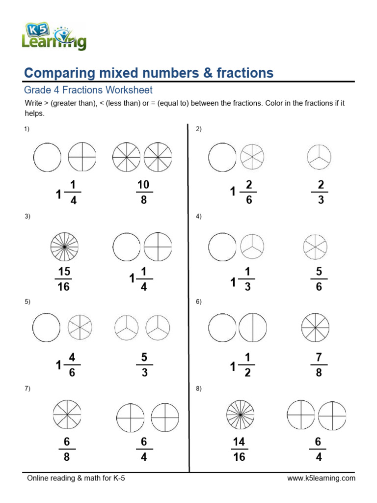 Grade 4 Comparing Mixed Numbers and Fractions C | PDF | Mathematical ...