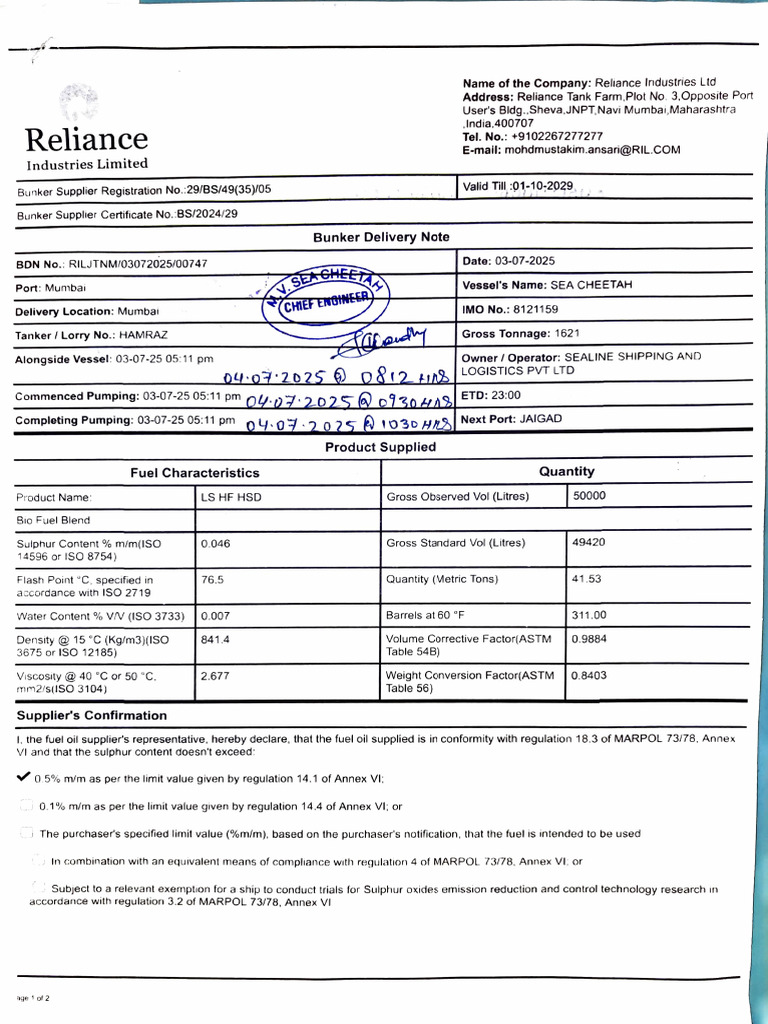 Reliance Industries Bunker Delivery Note | PDF