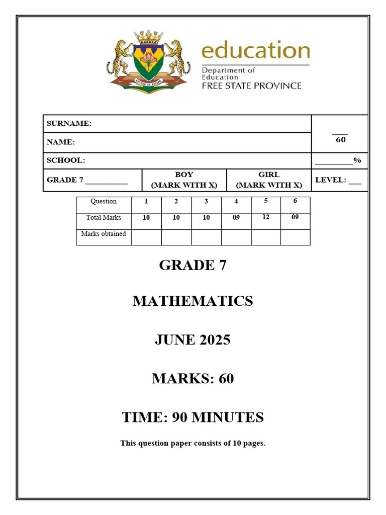 Grade 7 Mathematics Exam Paper 2025 | PDF