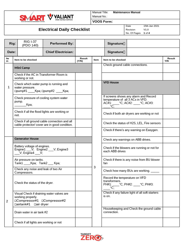 Electrical Daily Maintenance Checklist | PDF | Pump | Manufactured Goods