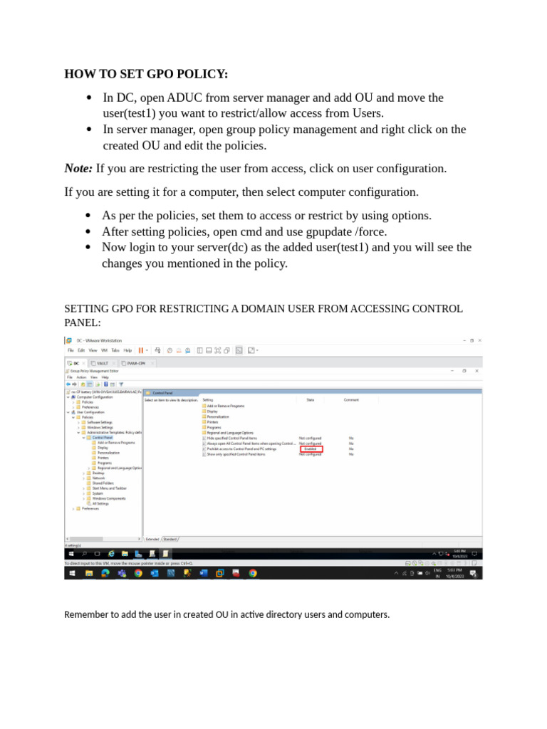 Setting GPO Policy for User Access | PDF