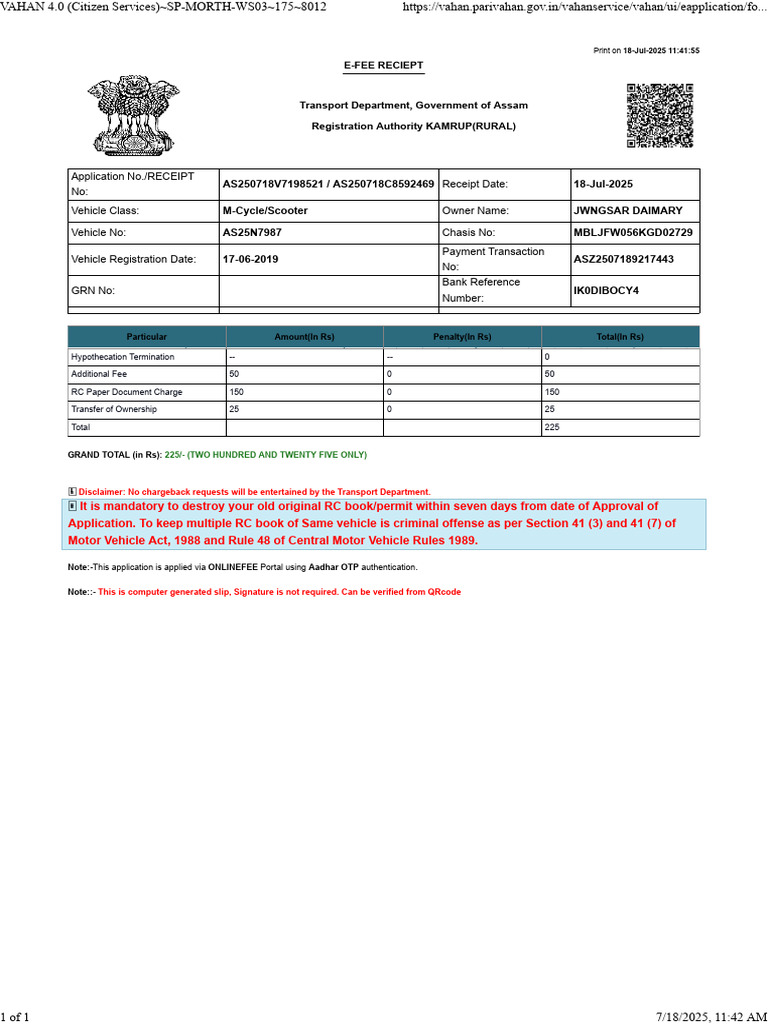 Vahan 4.0 (Citizen Services) Sp-Morth-Ws03 175 8012 | PDF | Receipt