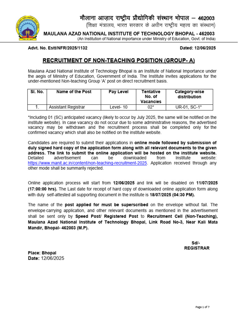 Assistant Registrar Recruitment 2025 | PDF
