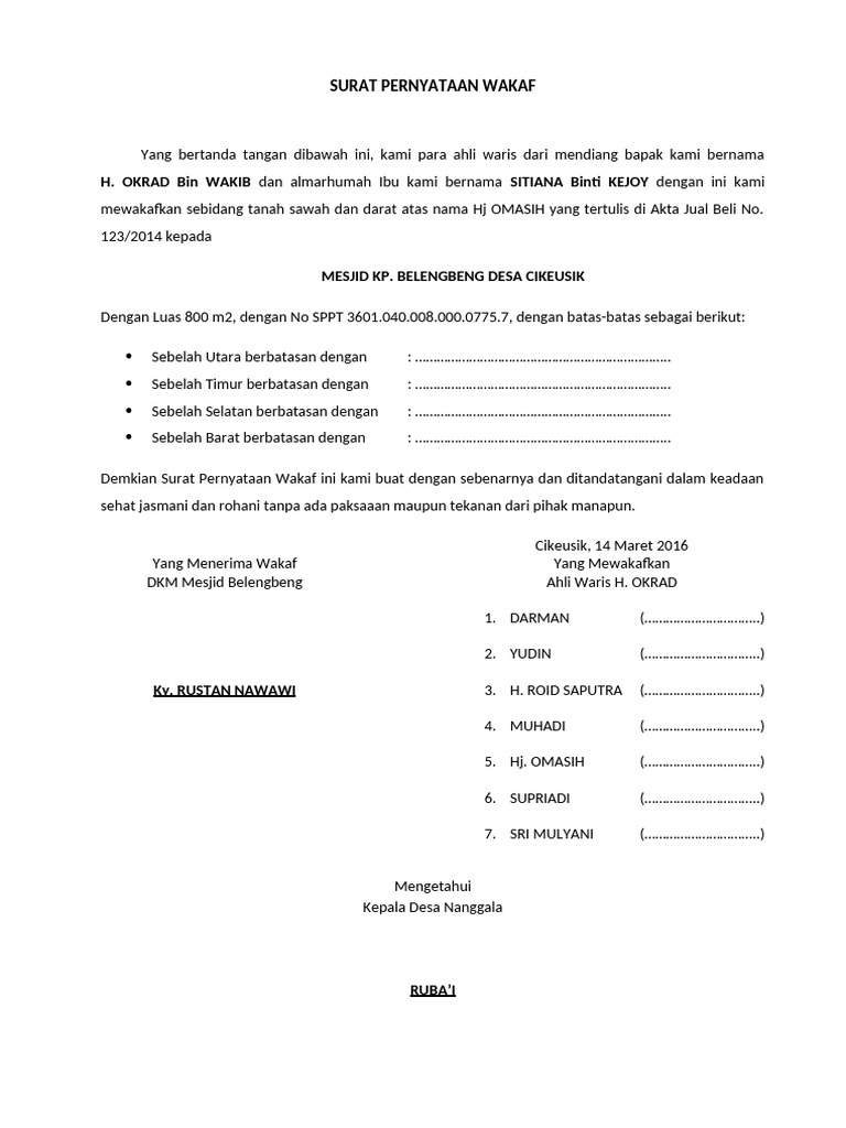Surat Pernyataan Wakaf Tanah 800 m2 | PDF