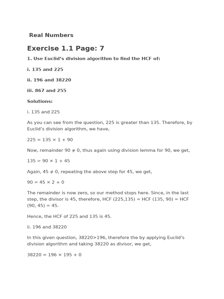 Class 10 Real Numbers Solutions | PDF | Algorithms | Elementary Mathematics