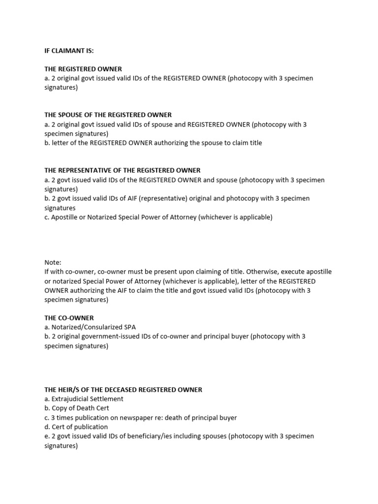 Title Claiming Requirements Guide | PDF | Photocopier | Private Law