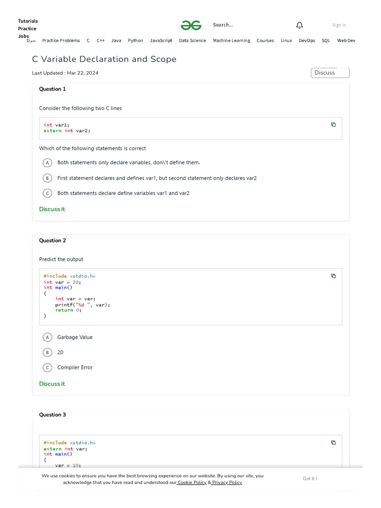 Quiz About C Variable Declaration and Scope | PDF | Scope (Computer Science) | Computer Programming