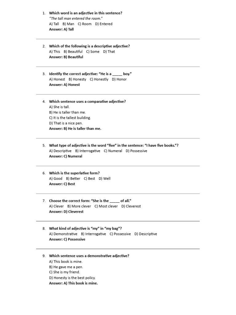 Adjective Questions and Answers Guide | PDF | Linguistic Typology ...