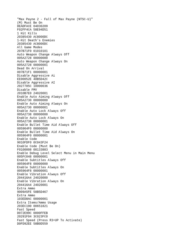 Max Payne 2 Cheat Codes Guide | PDF | Video Games