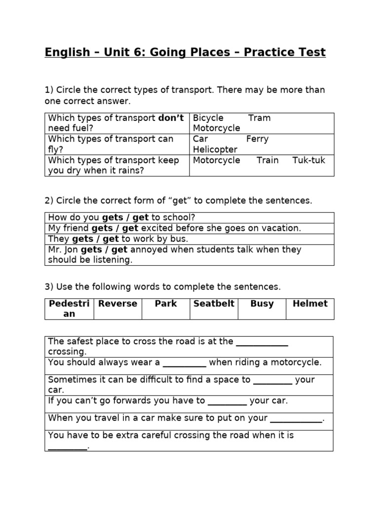 Grade 3 - English - Unit 6 Practice Test | PDF | Bus | Transport
