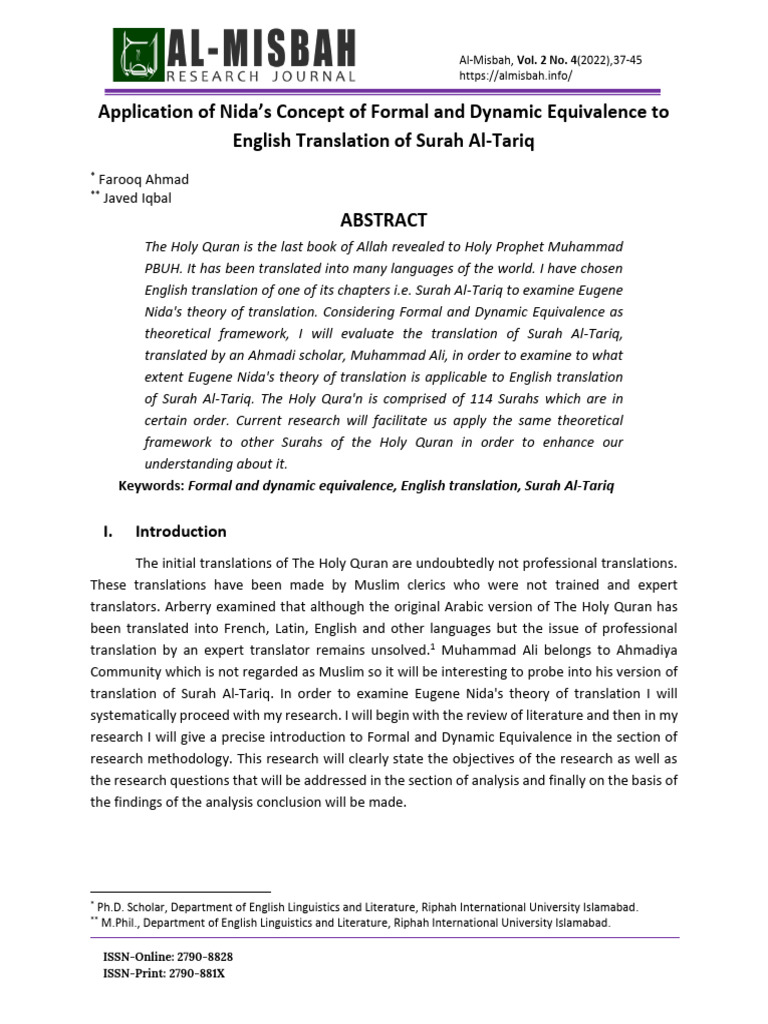 Application of Nida's Concept of Formal and Dynamic Equivalence To ...