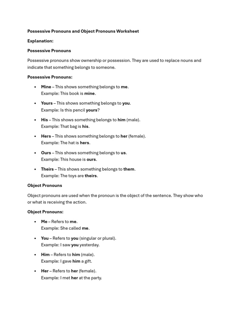Possessive Pronouns and Object Pronouns Worksheet | PDF | Pronoun | Plural
