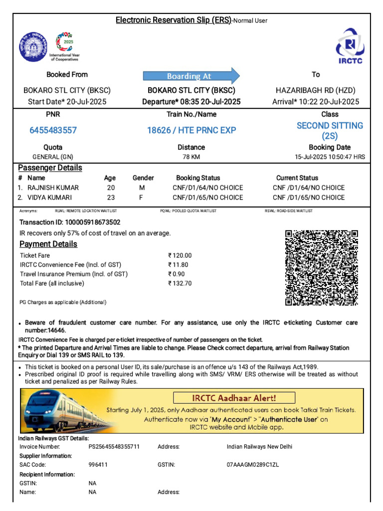 Hte PRNC Exp Second Sitting (2S) : Electronic Reservation Slip (ERS ...