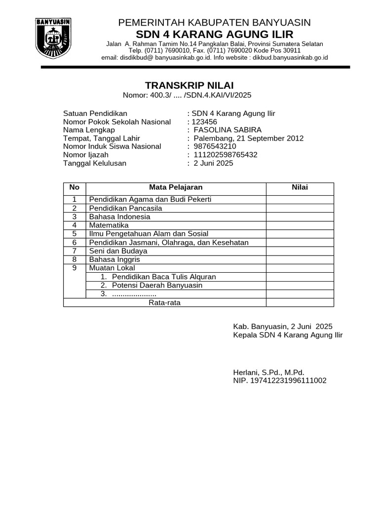 CONTOH Transkrip Nilai 2025 KM | PDF