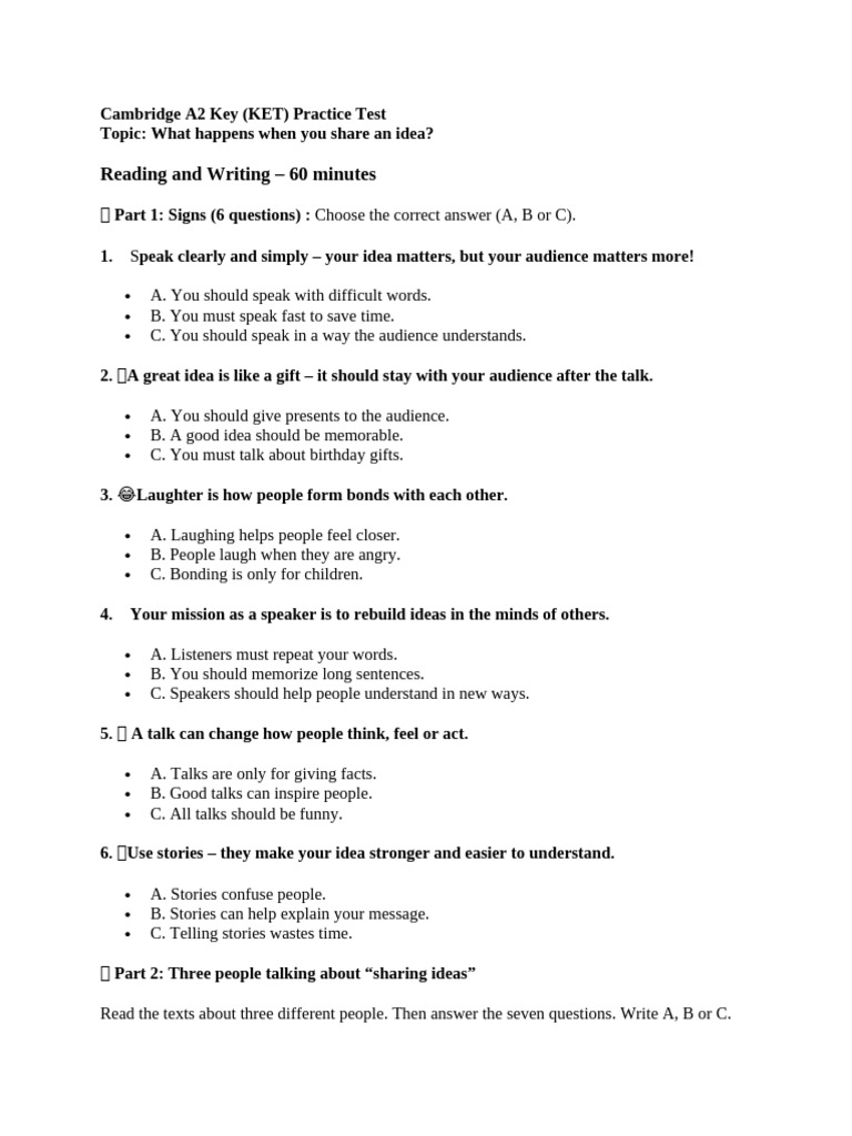 Cambridge A2 Key (KET) Practice Test | PDF | Laughter