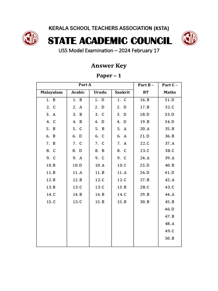 USS Model Exam 2024 Answer Key | PDF