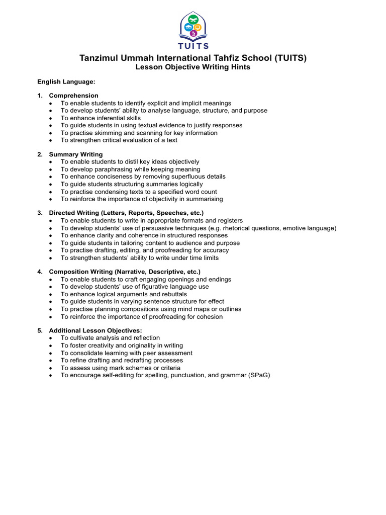 Lesson Objectives for English Writing Skills | PDF