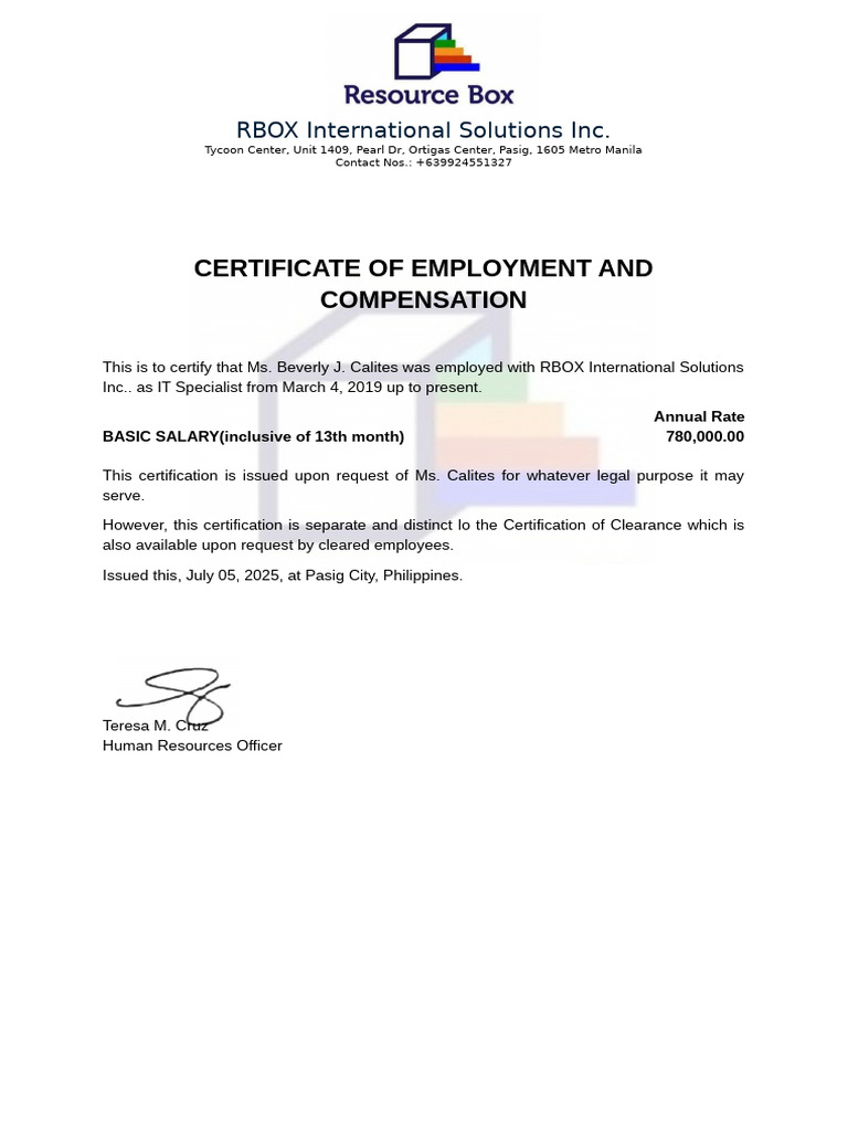 Certificate of Employment and Compensation: RBOX International ...
