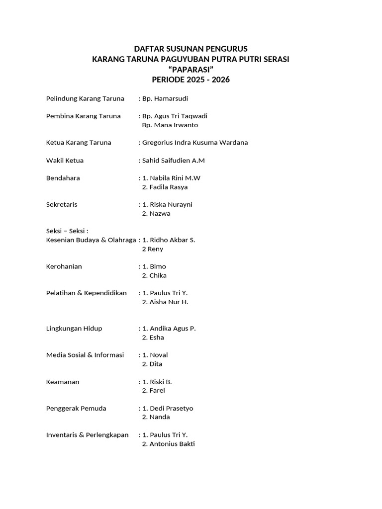 Daftar Susunan Pengurus Paparasi 2025 | PDF