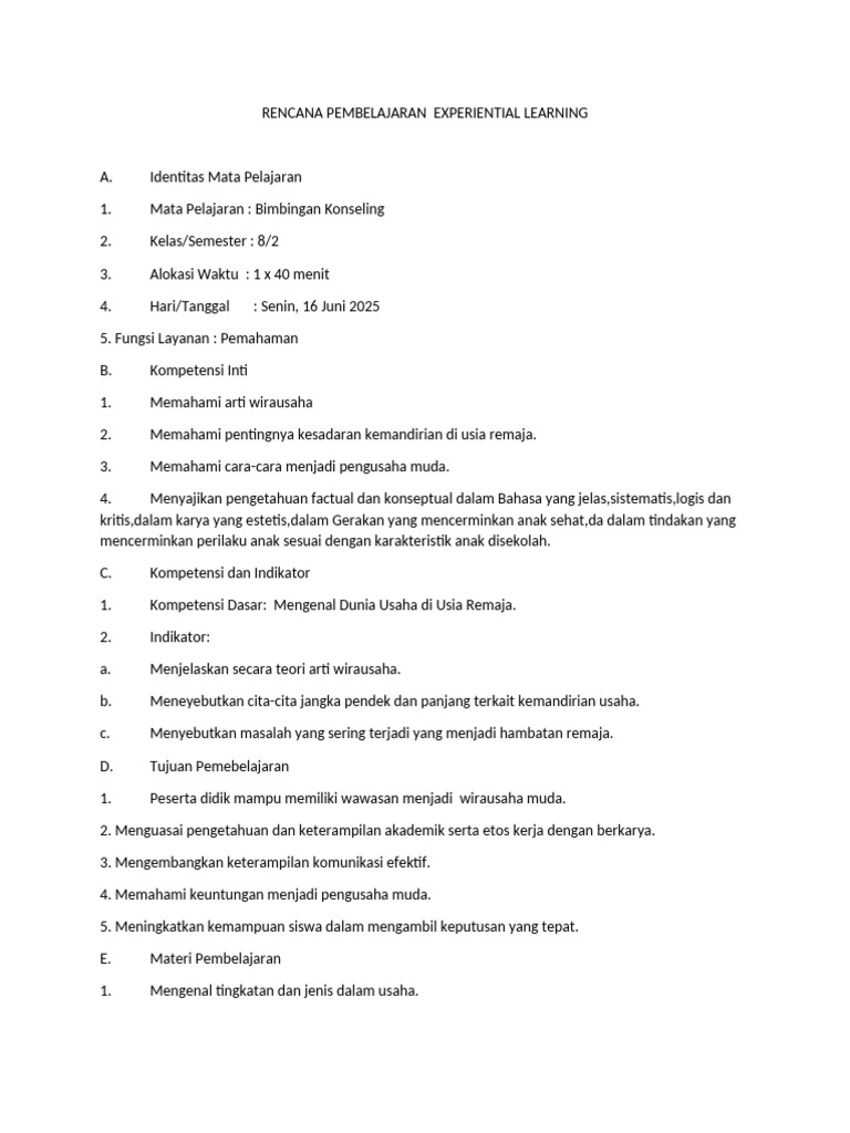 Rencana Pembelajaran Experiential Learning | PDF