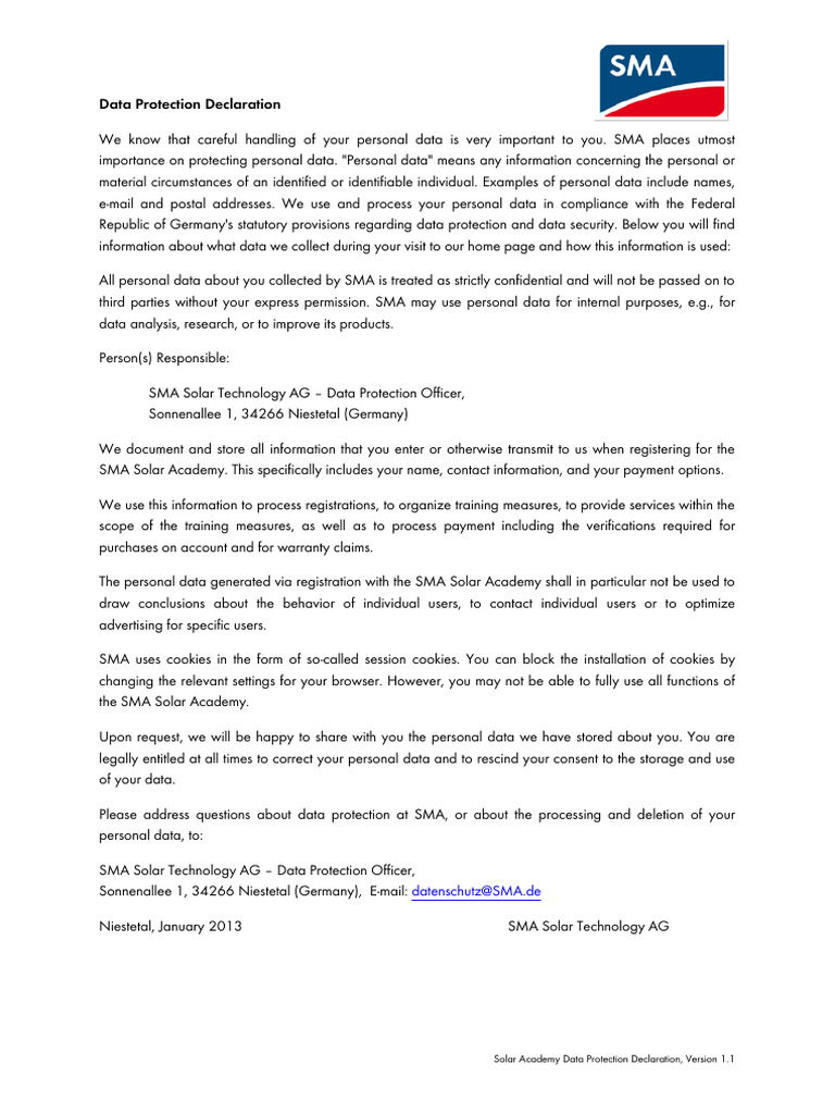Data Protection Declaration SMA Solar Academy 1.1 | PDF | Information Privacy | Http Cookie