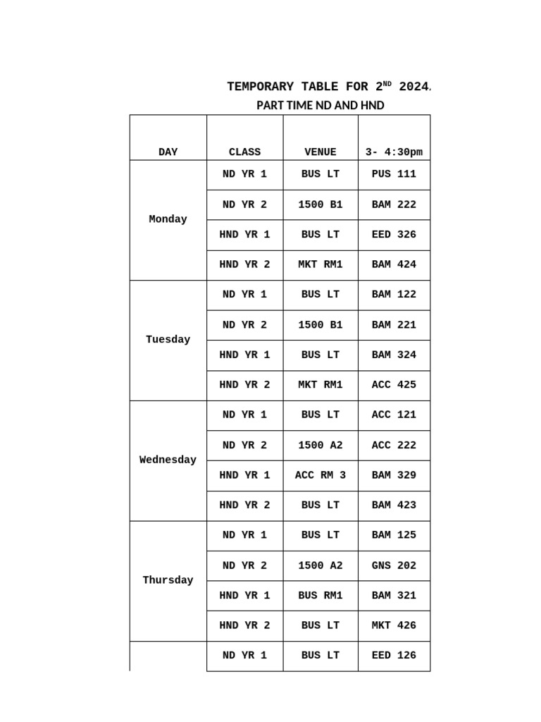 2nd Semester 2024-2025 PT Lecture Tme Table | PDF