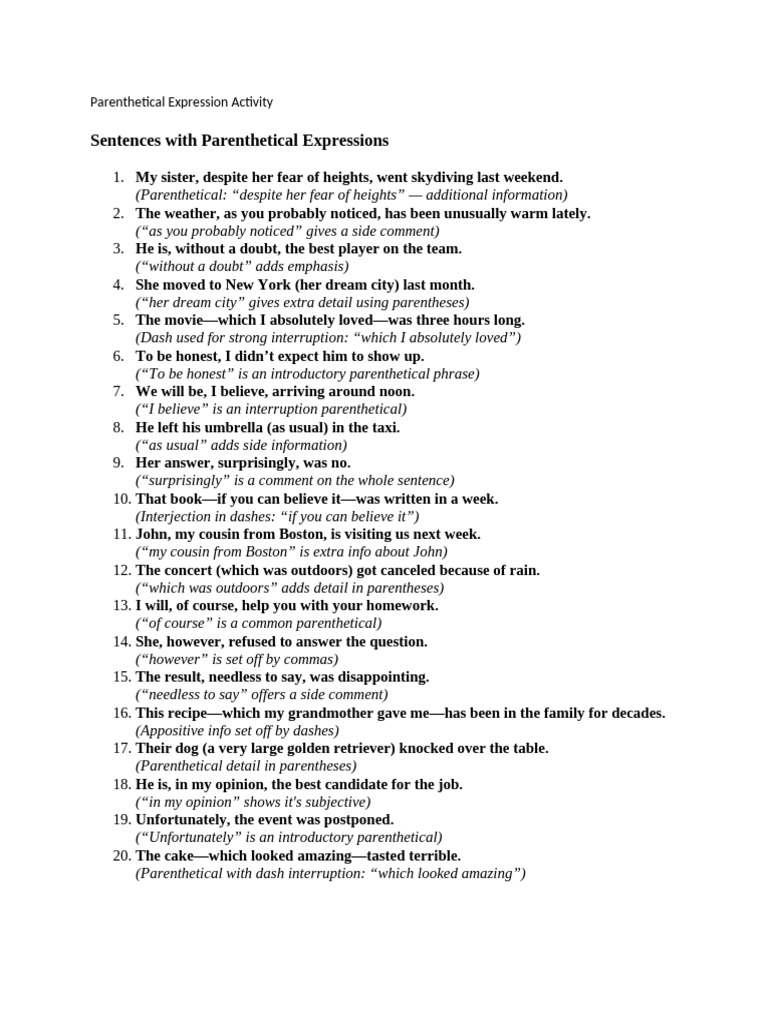 Parenthetical Expression Activity | PDF