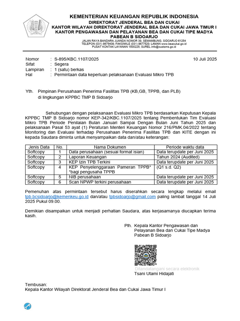 Permintaan Data Evaluasi Mikro TPB 2025 | PDF