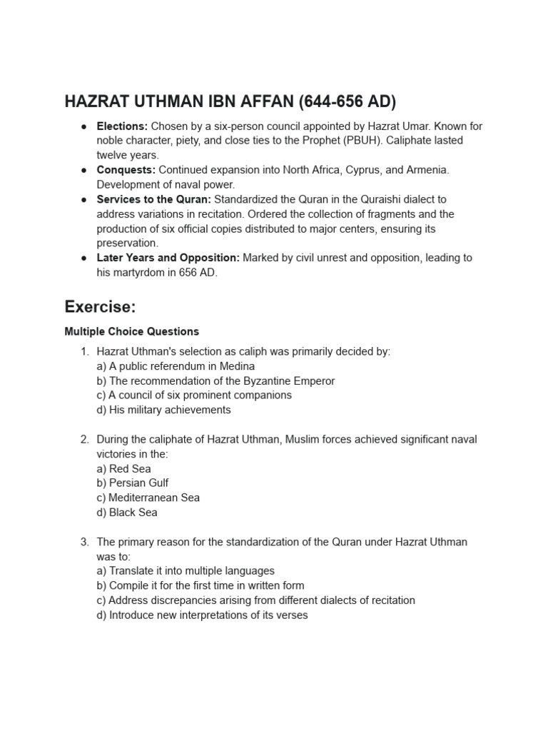 Hazrat Uthman Ibn Affan (644-656 Ad) | PDF | Quran | Islam