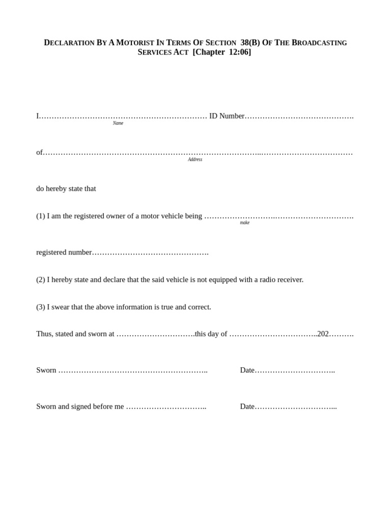 Declaration by Motorist Form For ZBC Car Radio Licence Exemption | PDF