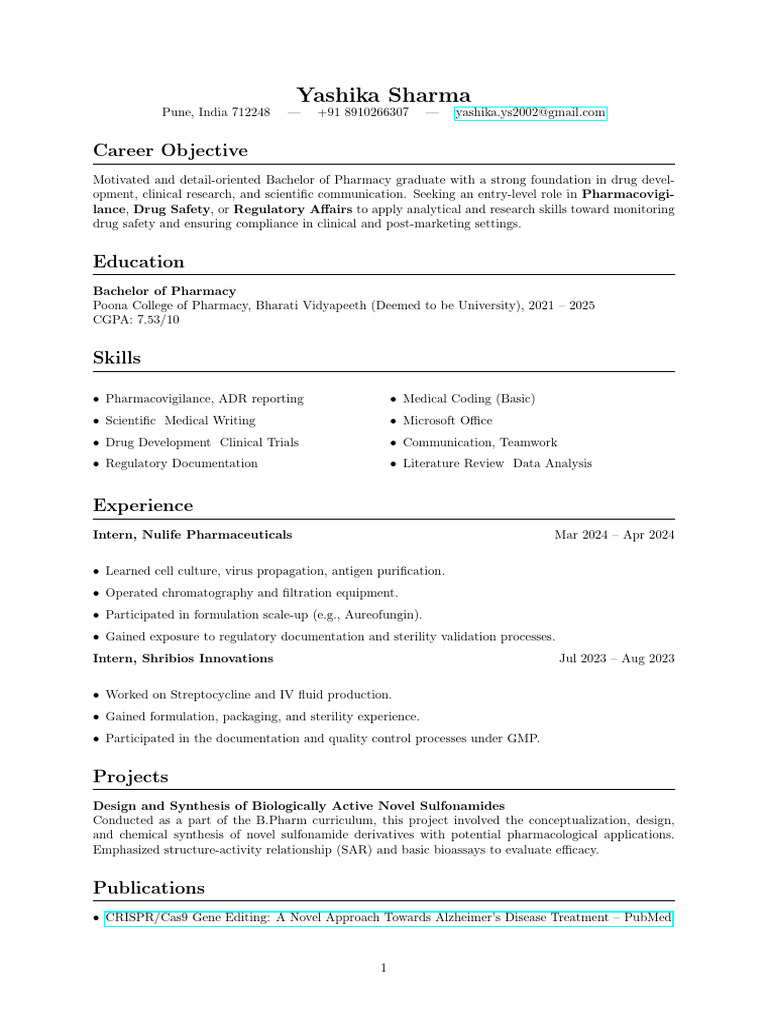 Yashika Resume Overleaf Updated 1 | PDF | Pharmacovigilance | Pharmacy