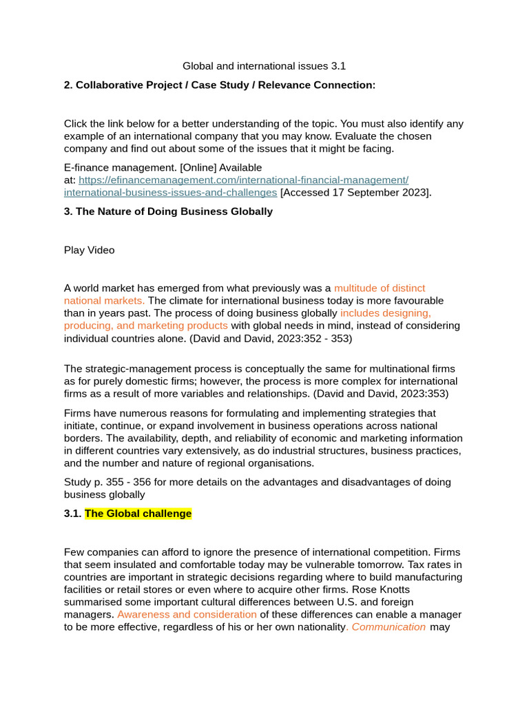 Global and International Issues 3.1 | PDF | Strategic Management ...