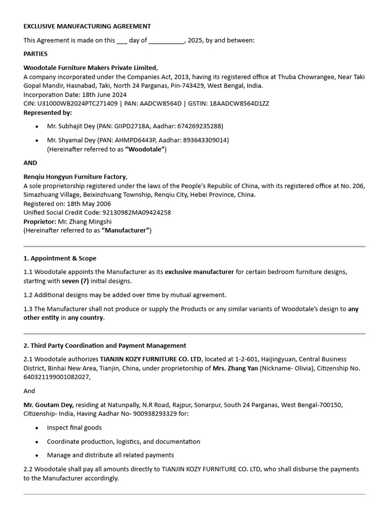 Woodotale Exclusive Manufacturing Pact | PDF | Business