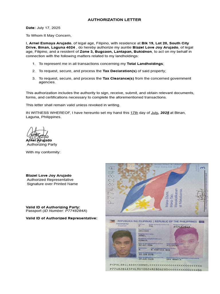 Authorization Letter: ID Number: P7748284A | PDF