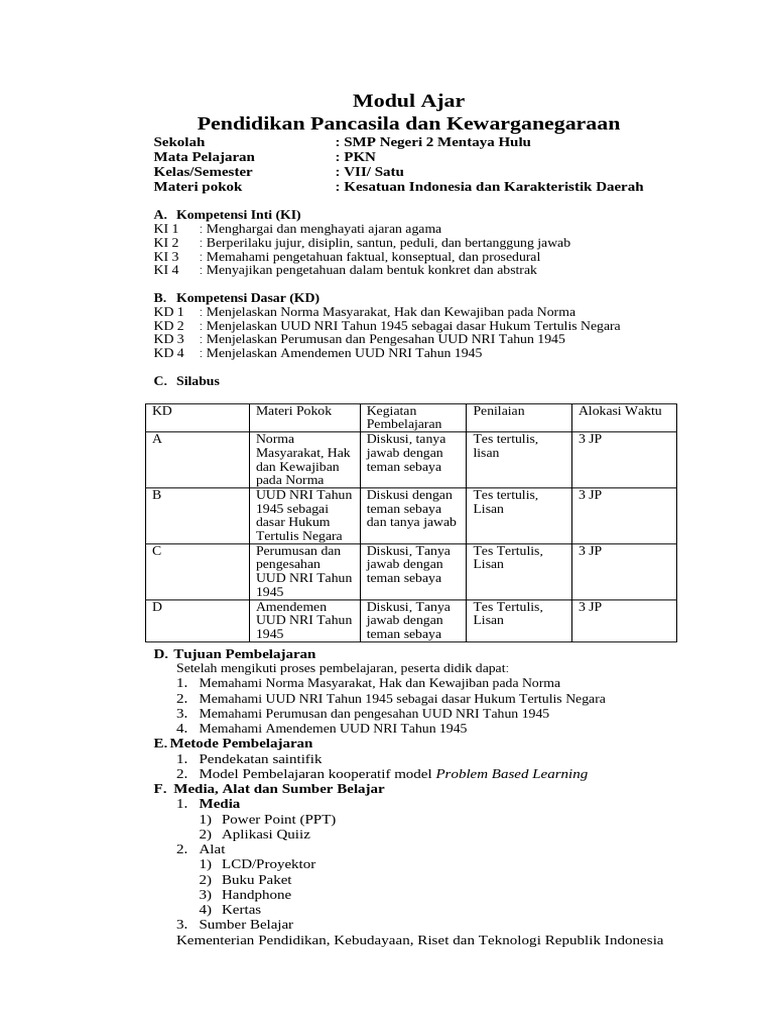 Modul Ajar PKN Kelas 7 S1 BAB 3 | PDF